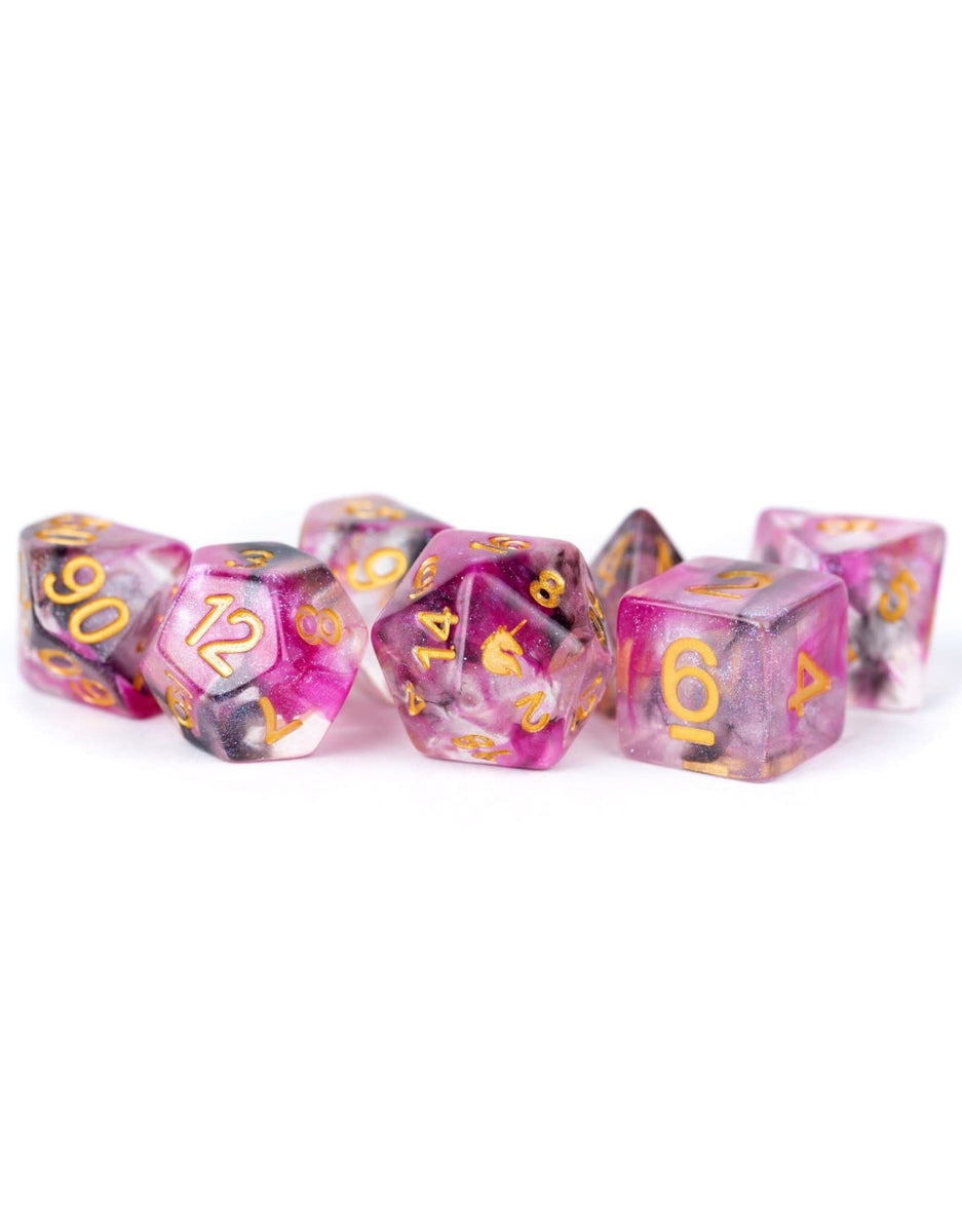 Unicorn Resin 16mm Polyhedral Dice Set: Blushing Steel (7) | Lazarus Games